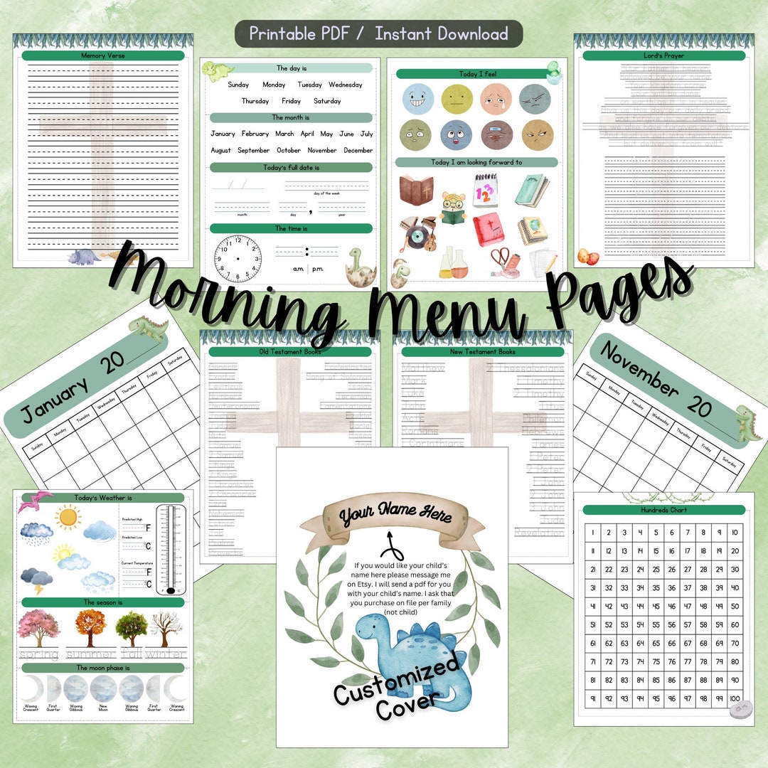 Homeschool Morning Menu *green, Watercolor, Dino, Homeschool, Preschool ...