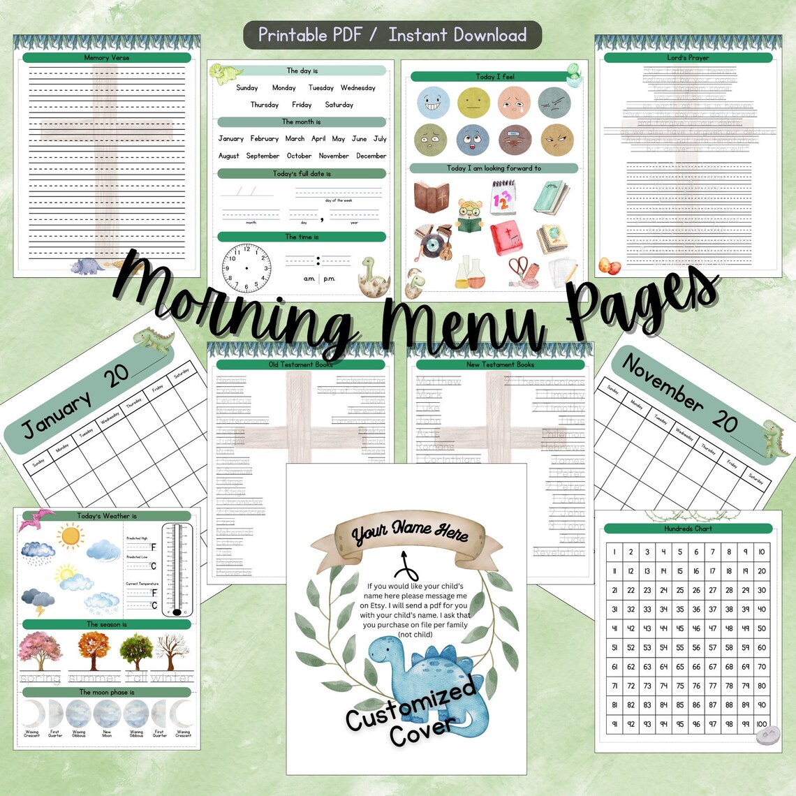 Homeschool Morning Menu *green, Watercolor, Dino, Homeschool, Preschool ...