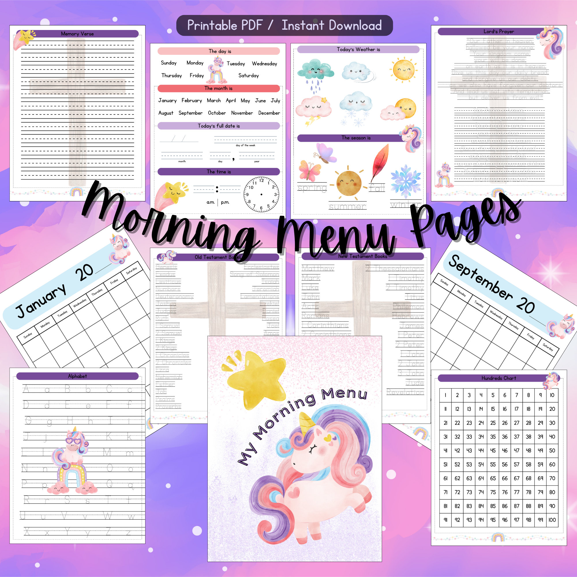 Homeschool Morning Menu *unicorn, Watercolor, Pink, Homeschool ...