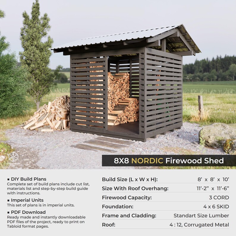 Woodshed DIY Build Plans PDF | 8ft X 8ft | 3 Cord - Etsy