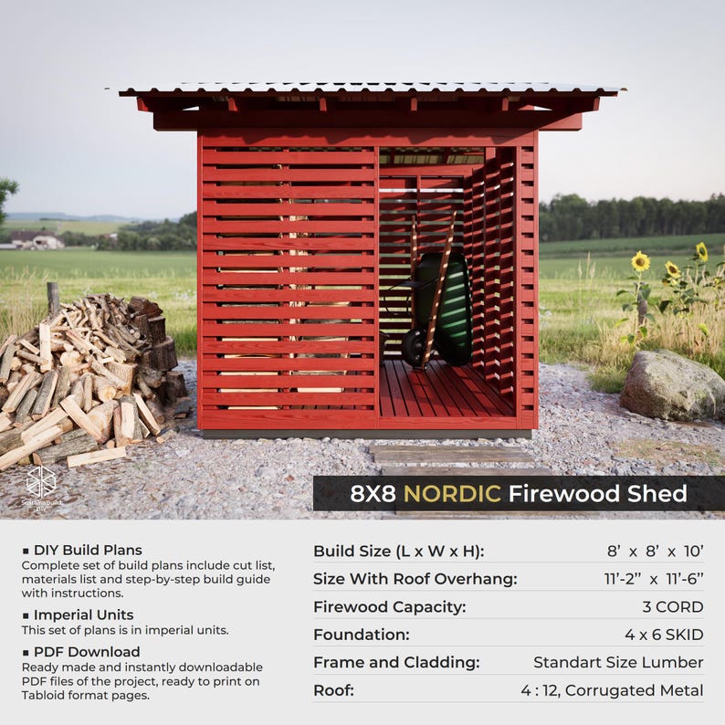 8X8 Nordic Firewood Shed DIY Build Plans PDF | 3 Cord - Etsy