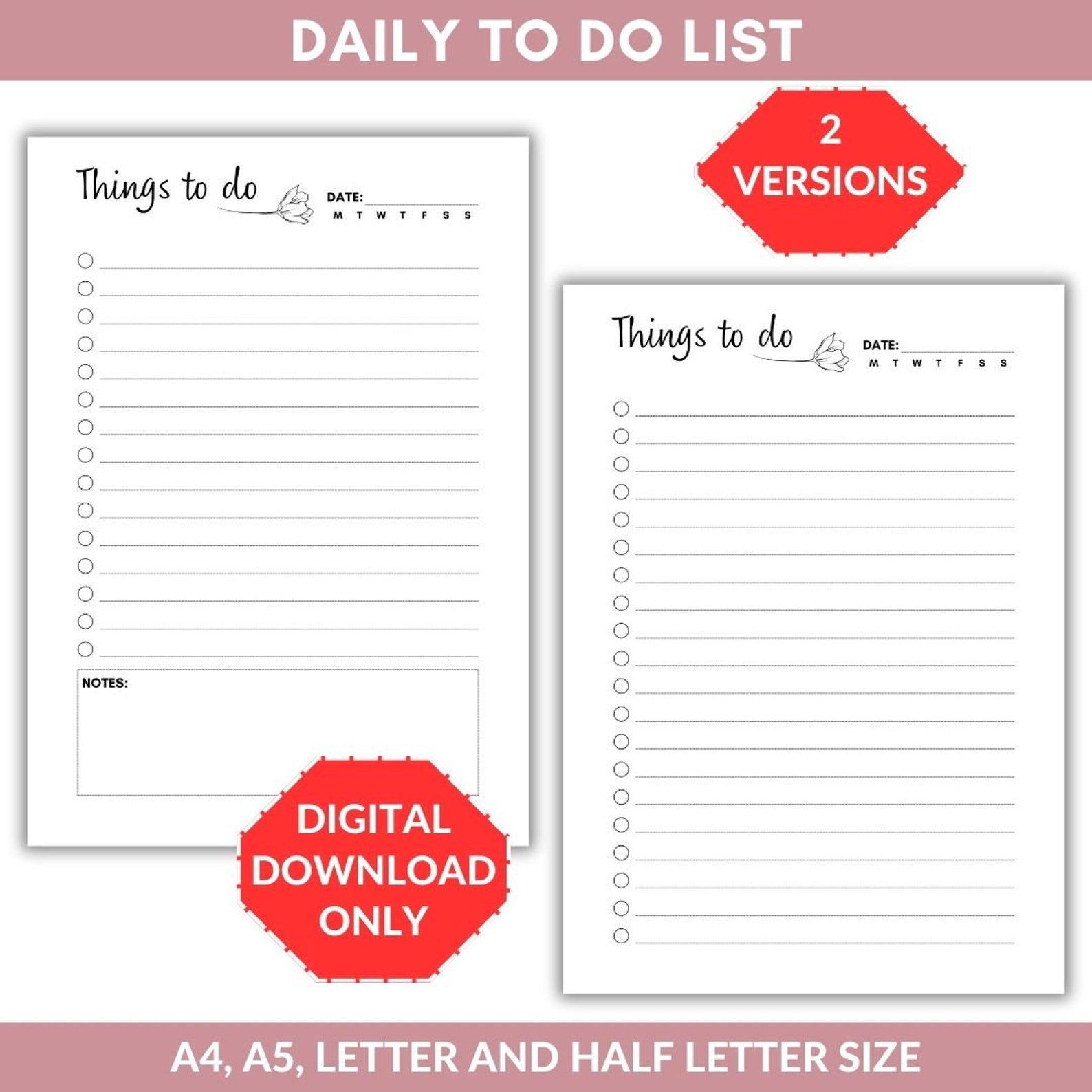 Printable Daily to Do List With a Feminine Touch of a Flower - Etsy