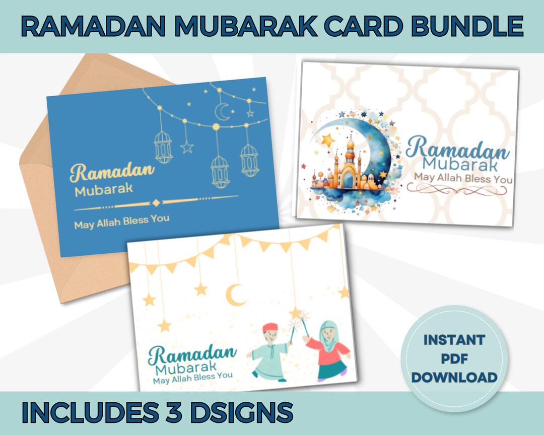 3 Printable Ramadan Mubarak Cards 3 Greeting Card Designs for Eid Iftar ...