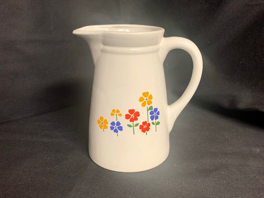 Vintage White Pitcher With Red, Yellow, Blue Flowers on the Front Side ...