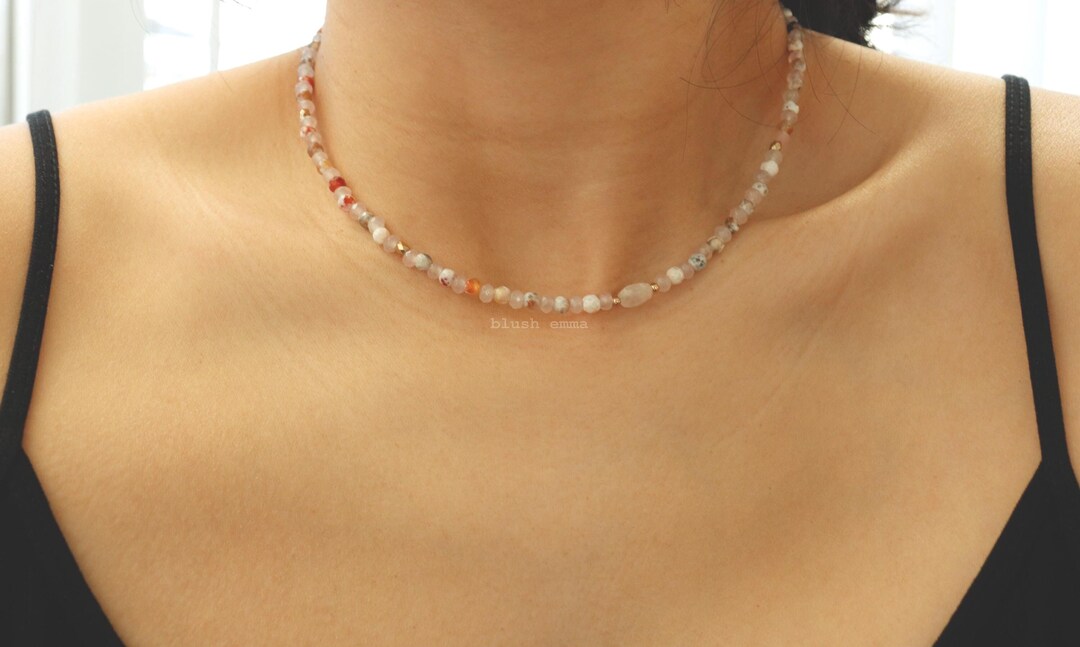 Oval Point Earthy Warm Stone Beaded Choker Necklace, Rust Colorway, Gem ...