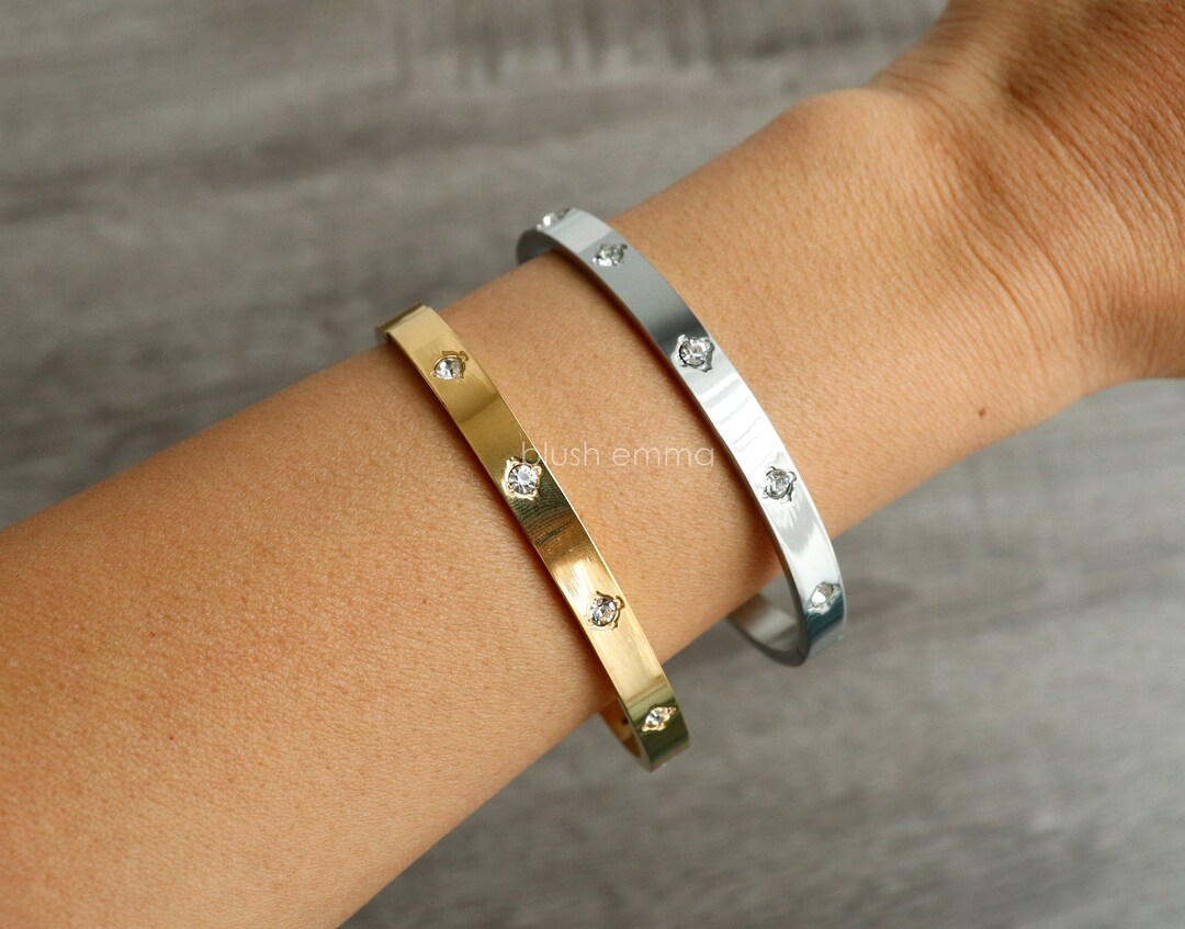 Bold Cubic Paved Stainless Steel Oval Cuff Hinge Latch Bangle Bracelet ...