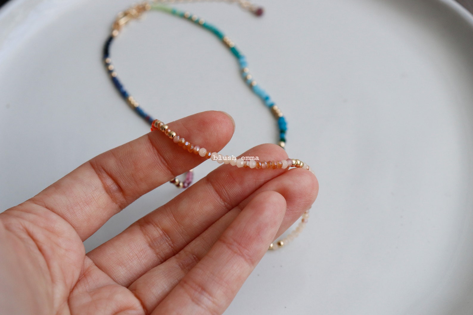 Colorful Ombre Rainbow Small Glass 1.5mm Full Beaded Necklace, Gold ...