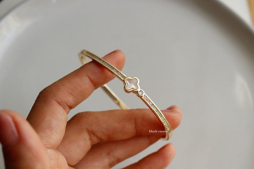 Mother of Pearl Clover Rhinestone Clamp Studded Bangle Bracelet | Gold ...