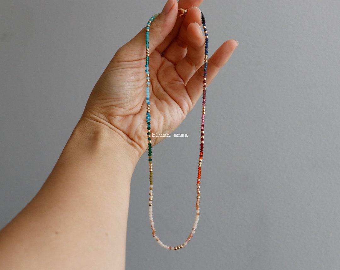 Colorful Ombre Rainbow Small Glass 1.5mm Full Beaded Necklace, Gold ...