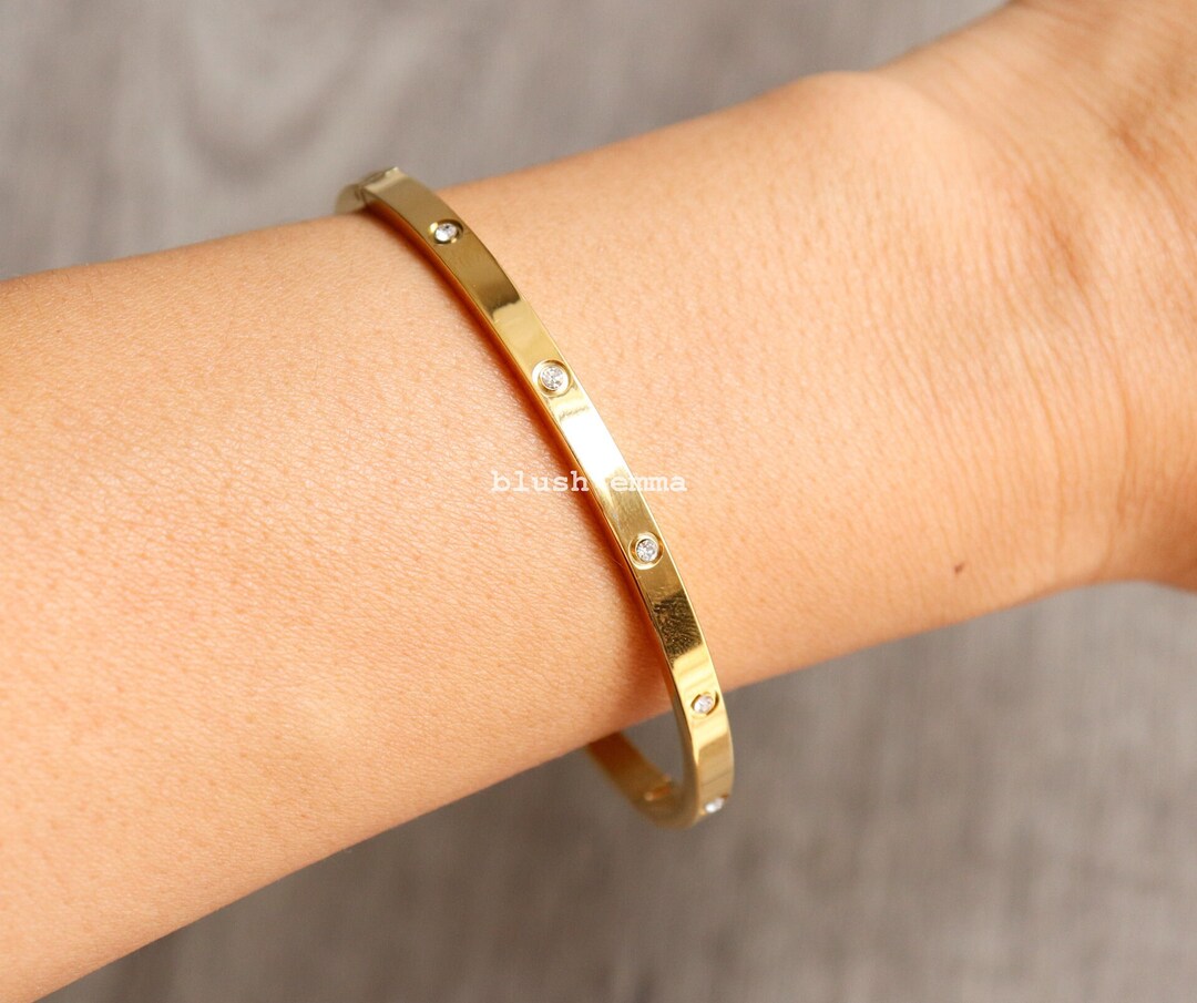 Rhinestone Paved Oval Cuff Latch Bangle Bracelet Stainless Steel Gold ...