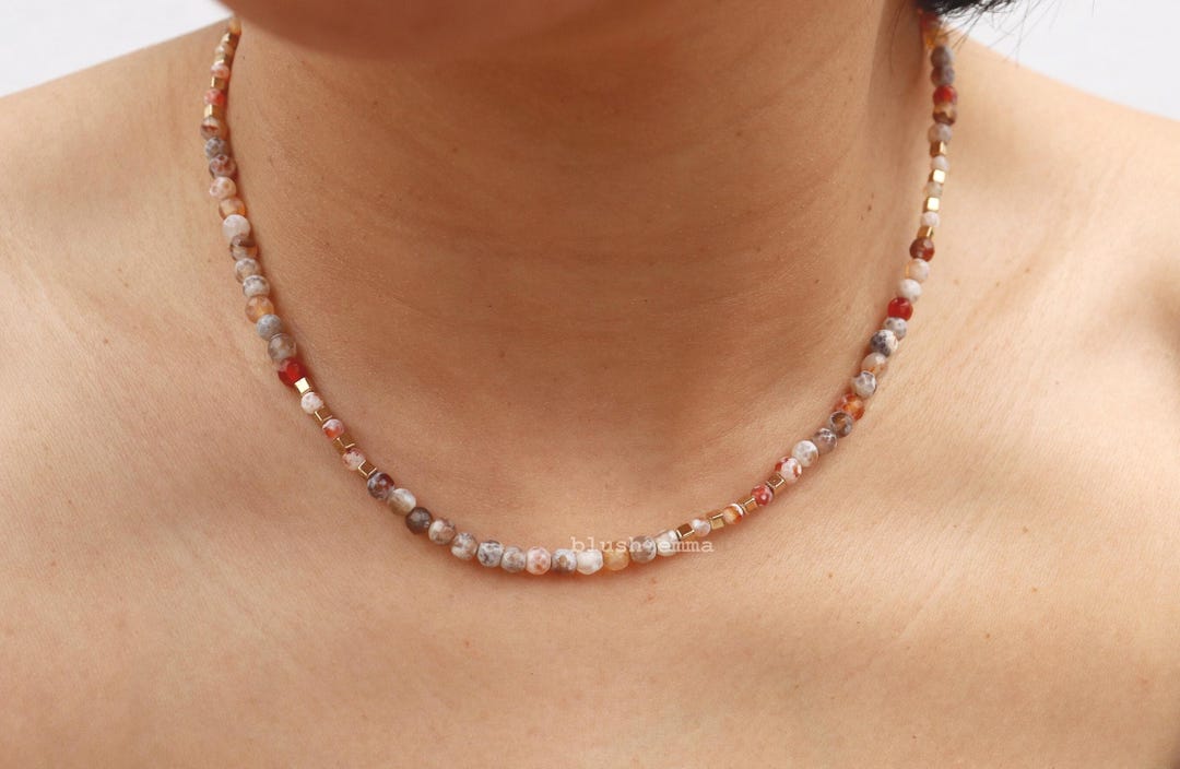 Earth Cream Stone Beaded Choker Necklace, Rust Colorway, Gem Seed Bead ...