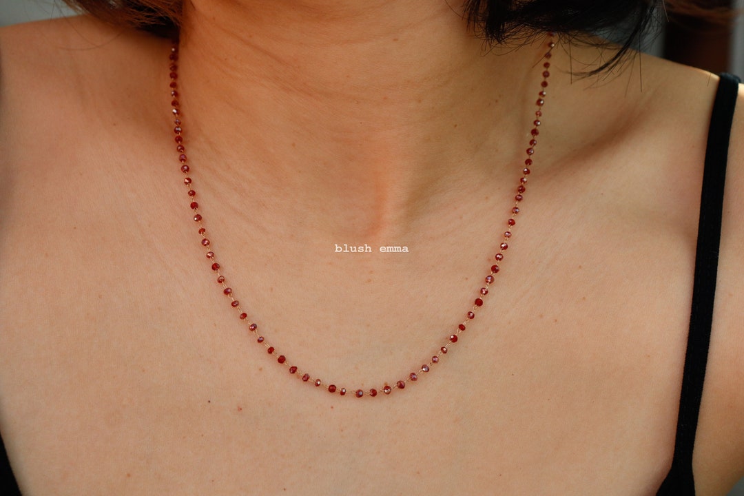Ruby Red Color Shiny Small Glass 1.5mm Beaded Chain Necklace | Bead ...