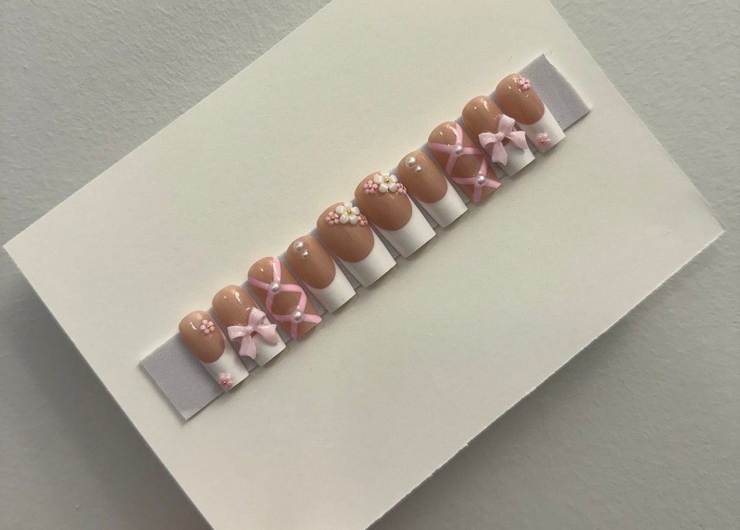 White French Tip With Pink Bows | Press on Nails | Nail Art | Coquette ...