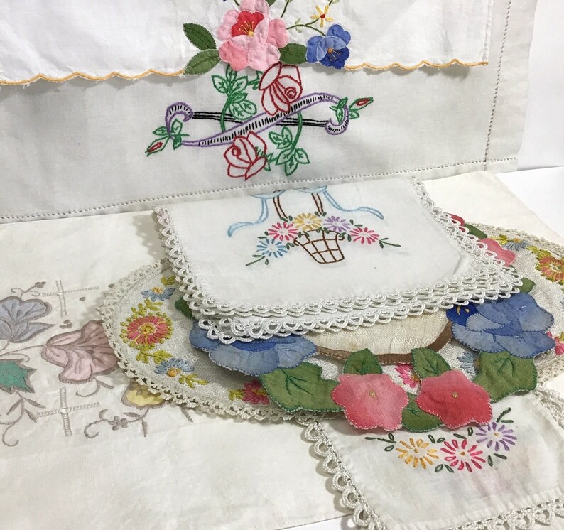8 Vintage Hand Embroidered Floral Linens - Pastel Table & Arm Chair ...