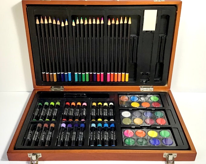 Beginners Drawing Set in Wood Case - Colored Pencils, Oil Pastels ...
