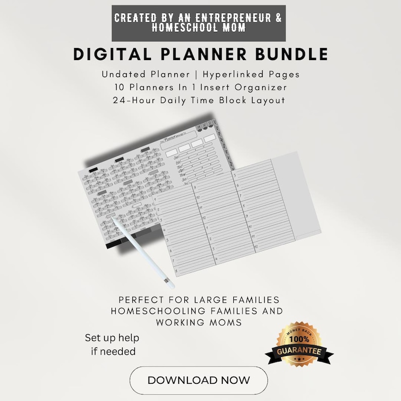 24-hour Daily Time Block Vertical Layout Hyperlinked Planner Hub ...