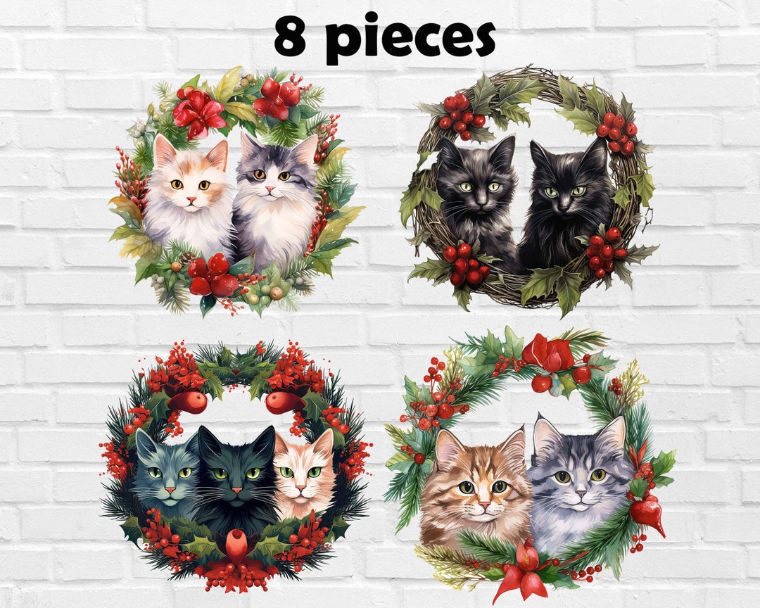 Cat Wreath PNG | Cute Cats Christmas Wreath PNG | Black Cats Merry ...