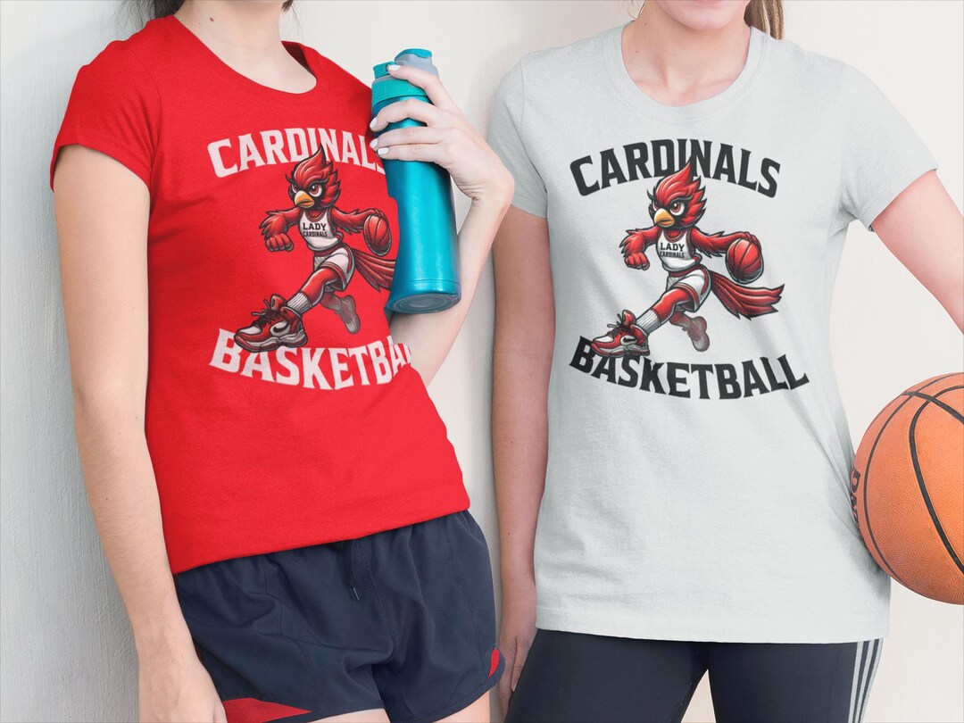 Lady Cardinals Basketball Shirt Design - Cartoon Cardinal Dribbling ...