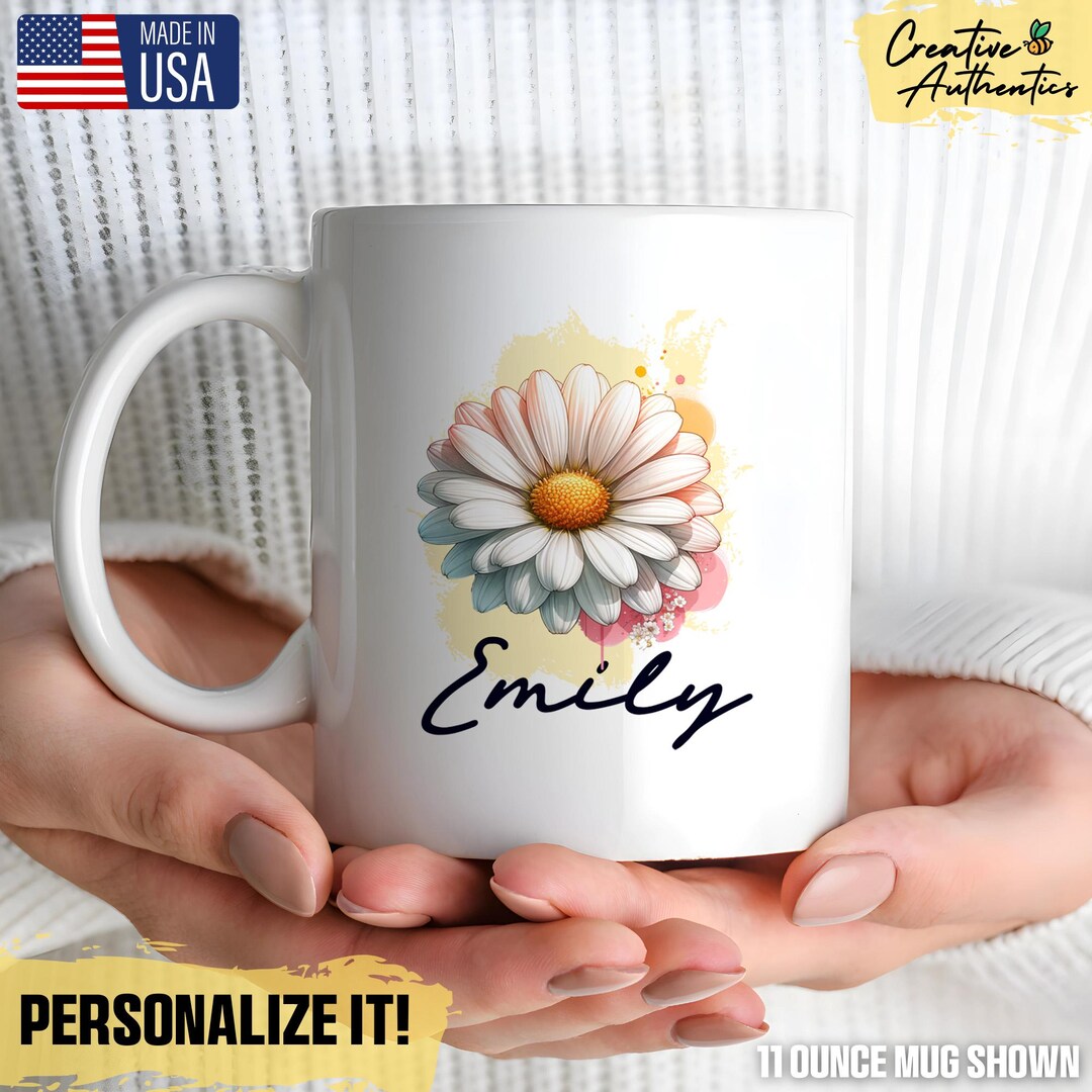 April Birth Flower Personalized Name Ceramic Mug, Daisy Birthday Flower ...