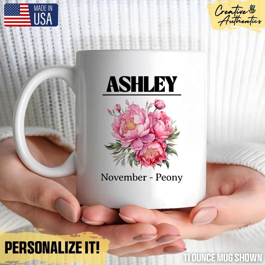 November Birth Flower Personalized Name Ceramic Mug, Peony Birthday ...