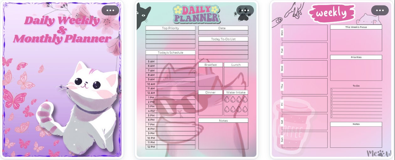 Cute Cartoon Cat Themed Daily Weekly Monthly Digital Planner, 8.5x11 ...
