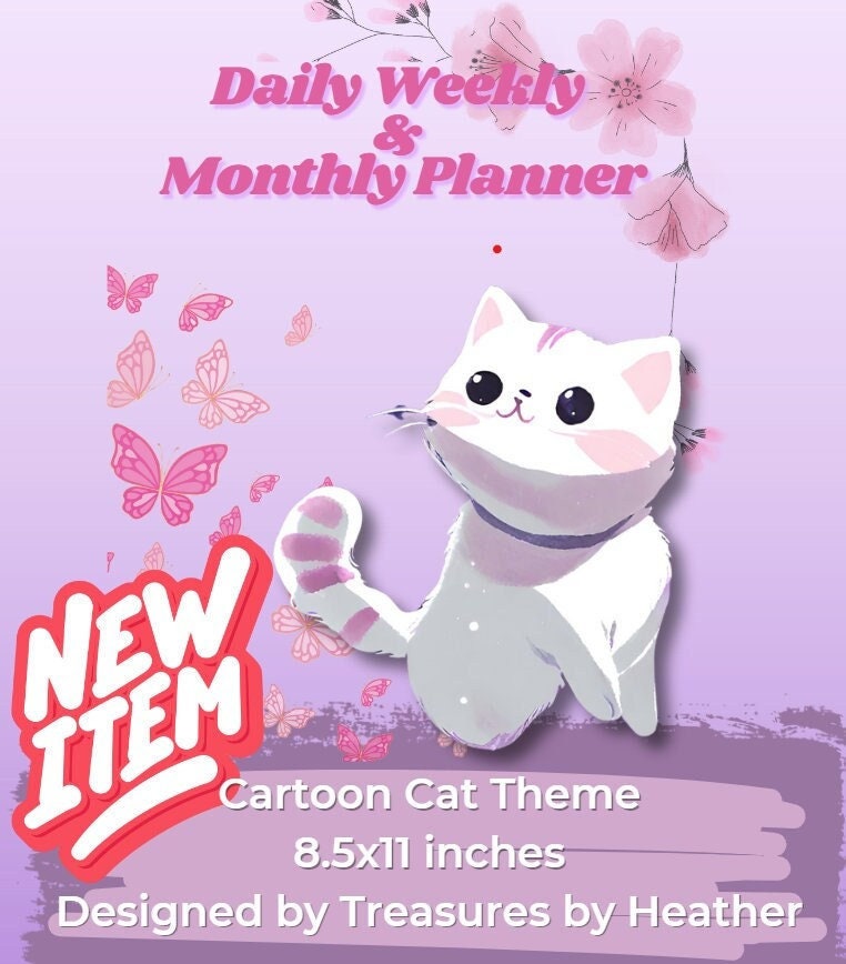 Cute Cartoon Cat Themed Daily Weekly Monthly Digital Planner, 8.5x11 ...