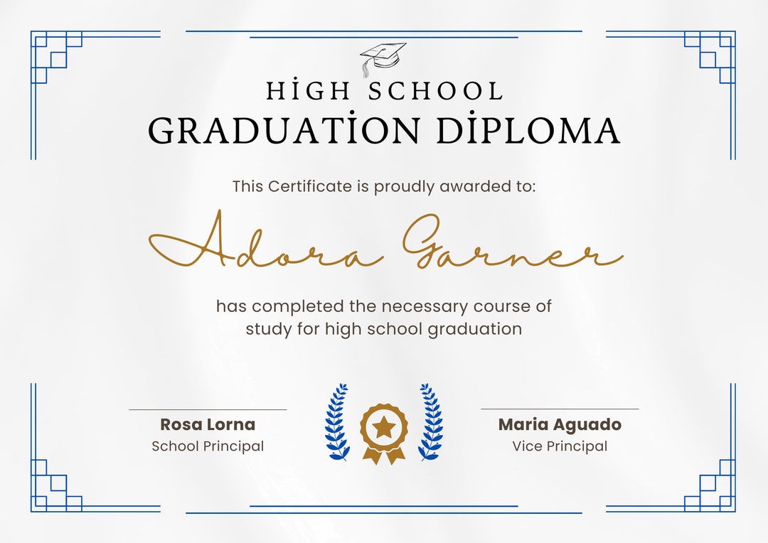 High School Graduation Diploma Certificate Printable Etsy