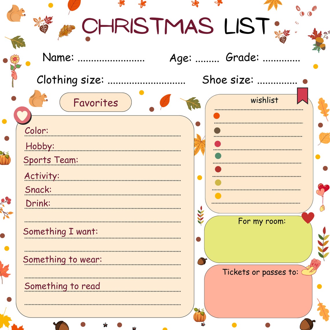 Kids Christmas Wish List, Printable Gift Wish List, Children's X-mas ...