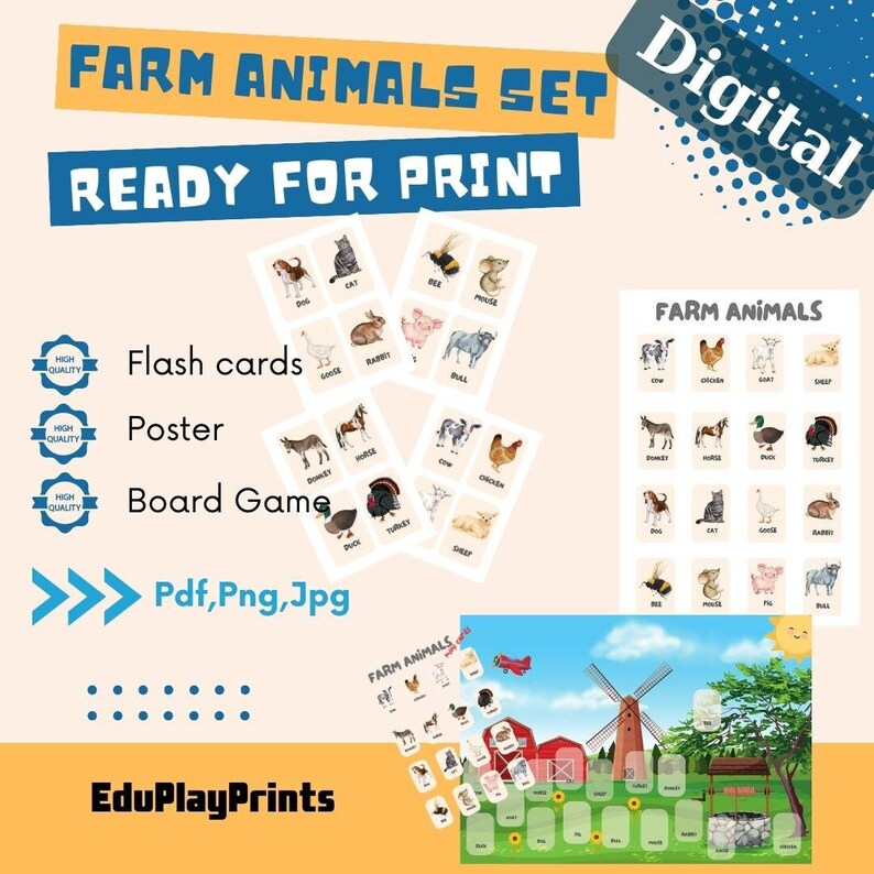 Farm Animals Full Set! Flashcards, Poster, Board Game. Montessori ...