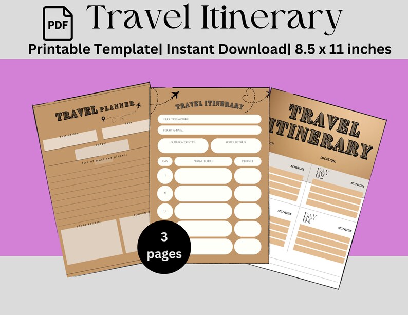 Printable Travel Itinerary Template, Travel Planner (PDF) - Etsy