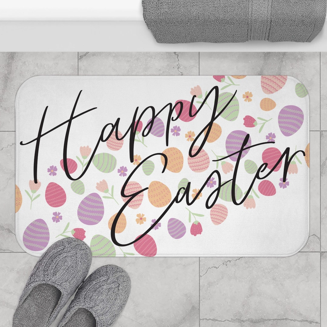 Happy Easter Bathmat, Easter Eggs and Flowers White Microfiber Memory Foam Bathmat, Spring ...