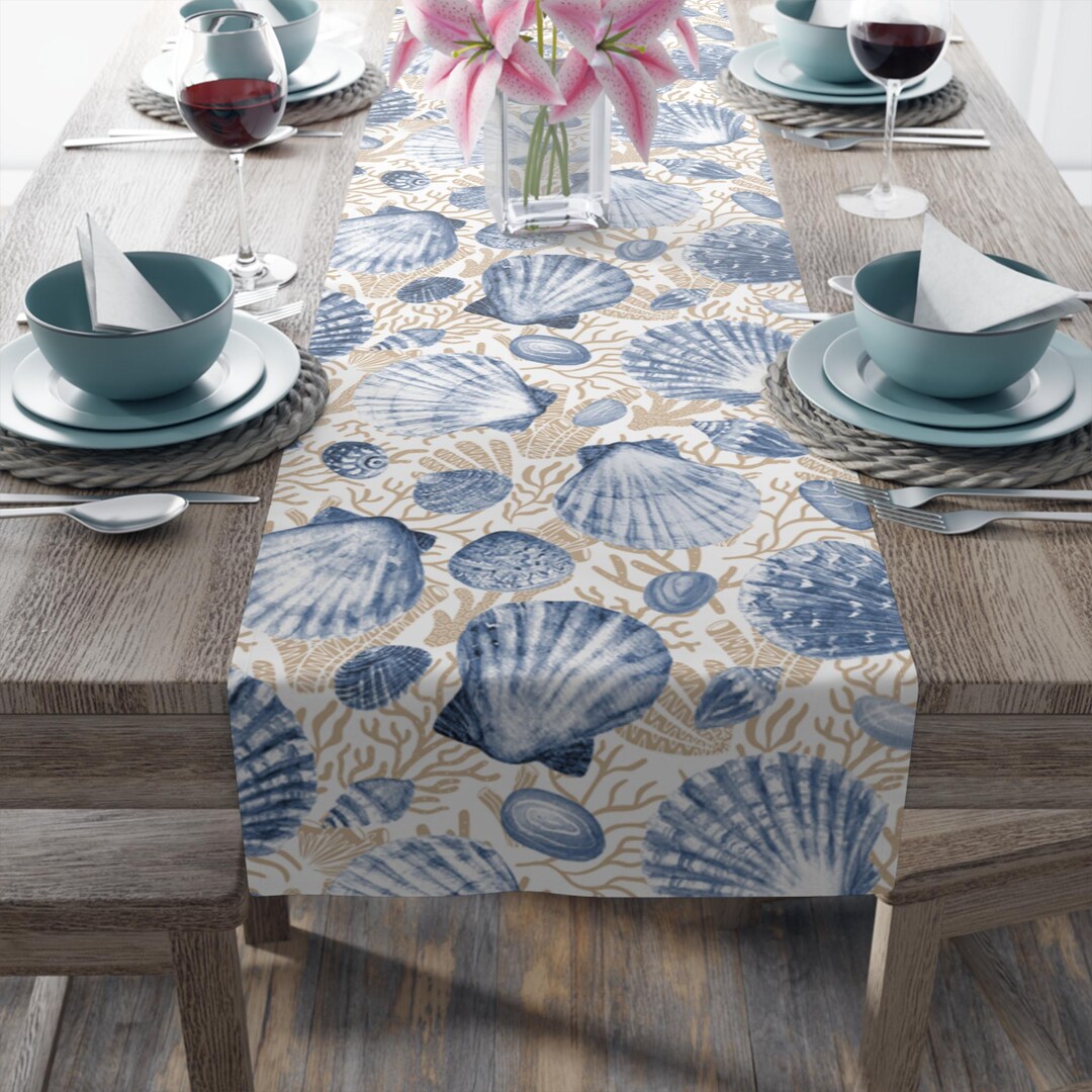 Blue Seashells Over Beige Coral Table Runner, Coastal Decor, Coastal ...