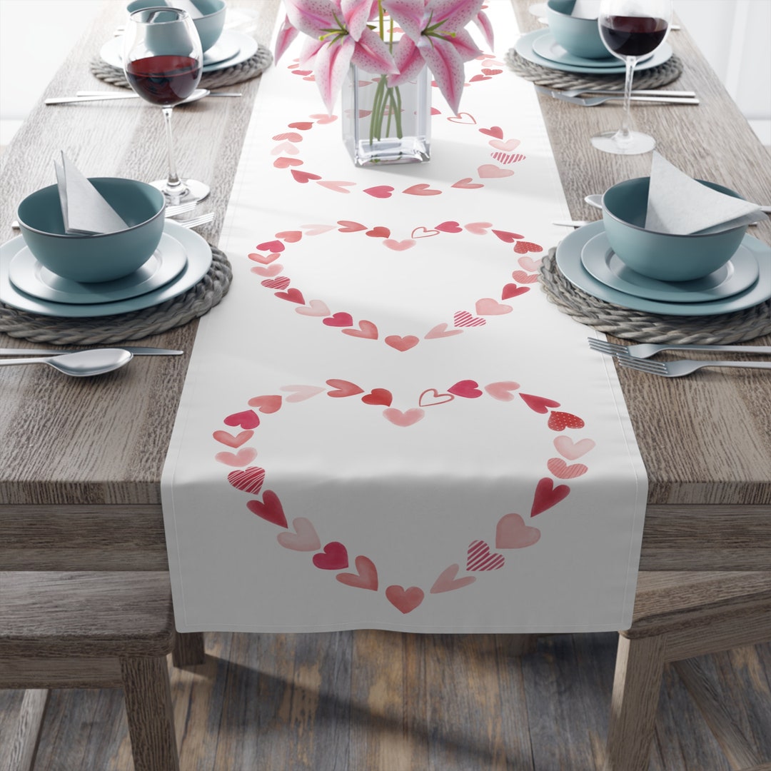 Elegant Heart Patterned Table Runner - White With Small Red Hearts ...