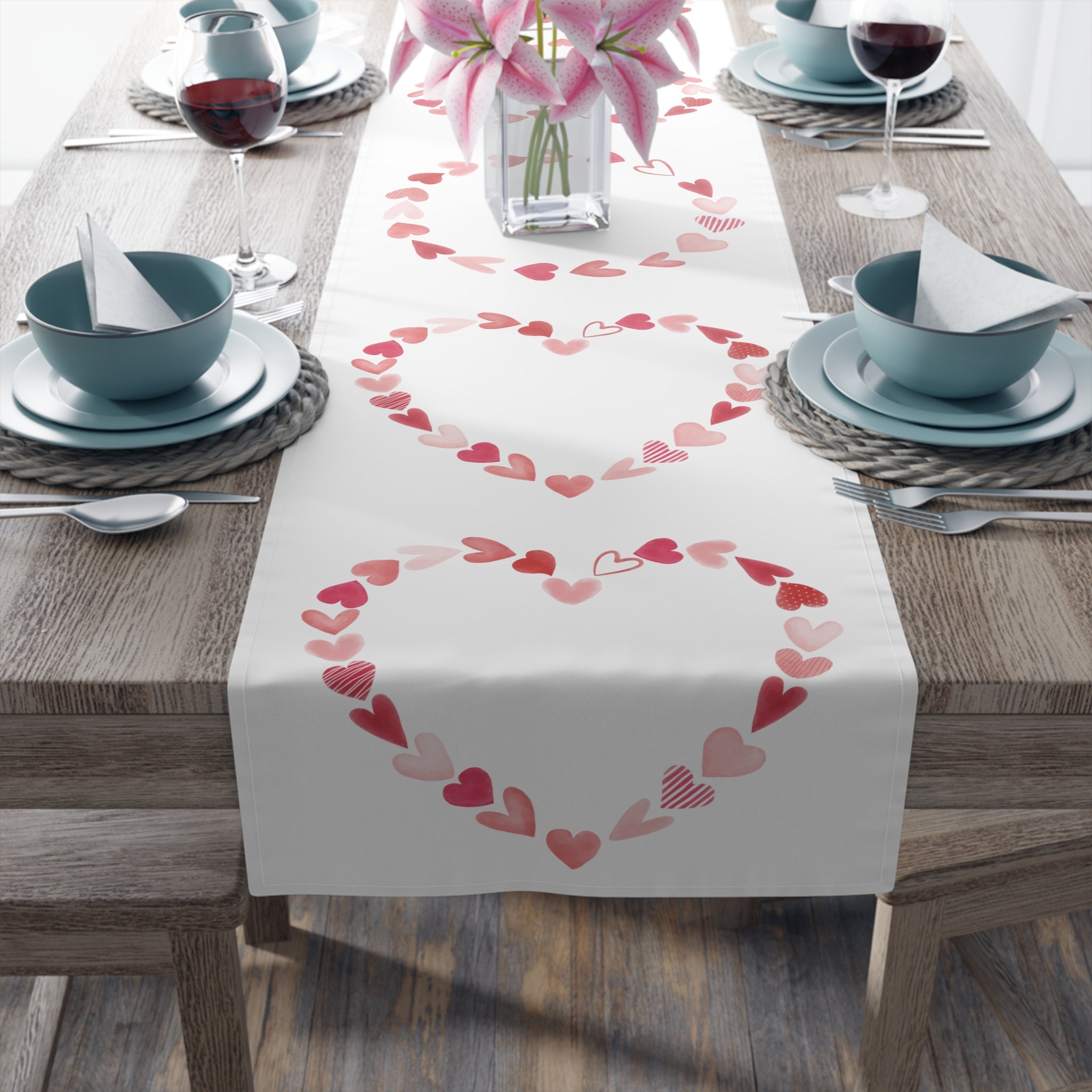Elegant Heart Patterned Table Runner White With Small Red Hearts ...