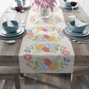 Easter Table Runner With Pink and Blue Flowers, Green Leaves, and ...