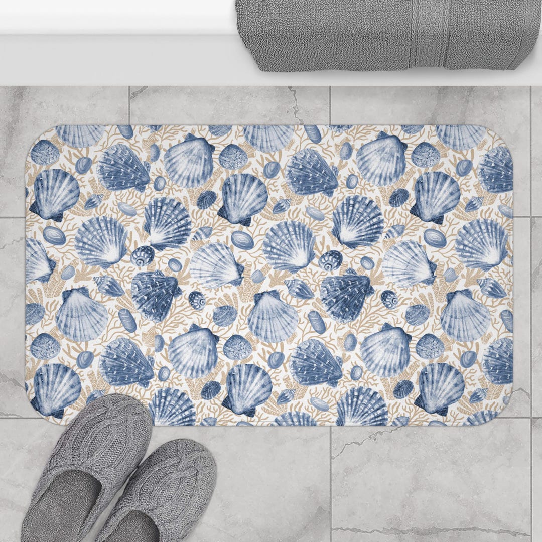 Coastal Chic Blue Shells Coral Design Bathmat, Ocean Inspired ...