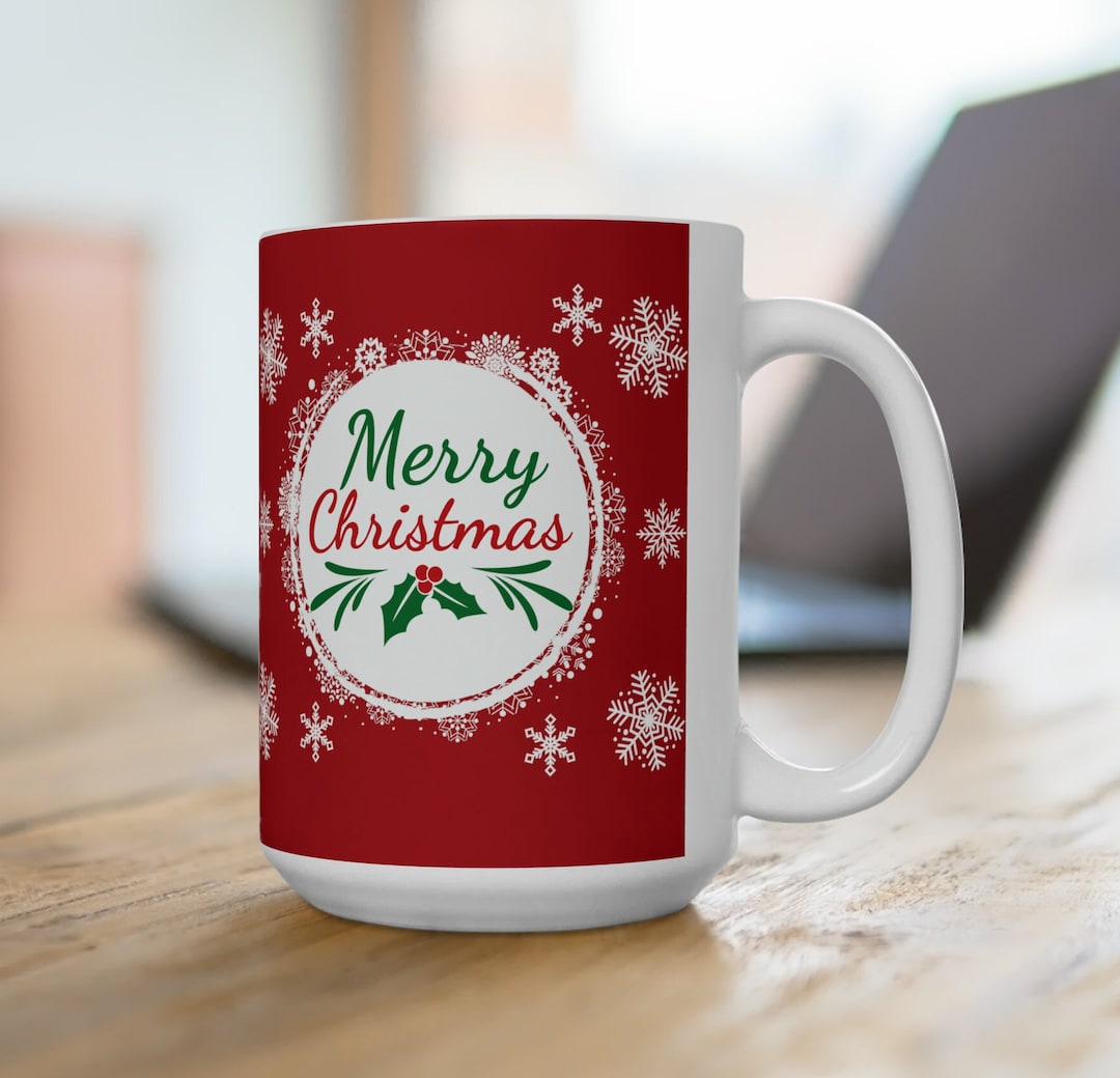 Festive Christmas Mug: 15 Oz Ceramic White Mug With Merry Christmas and ...
