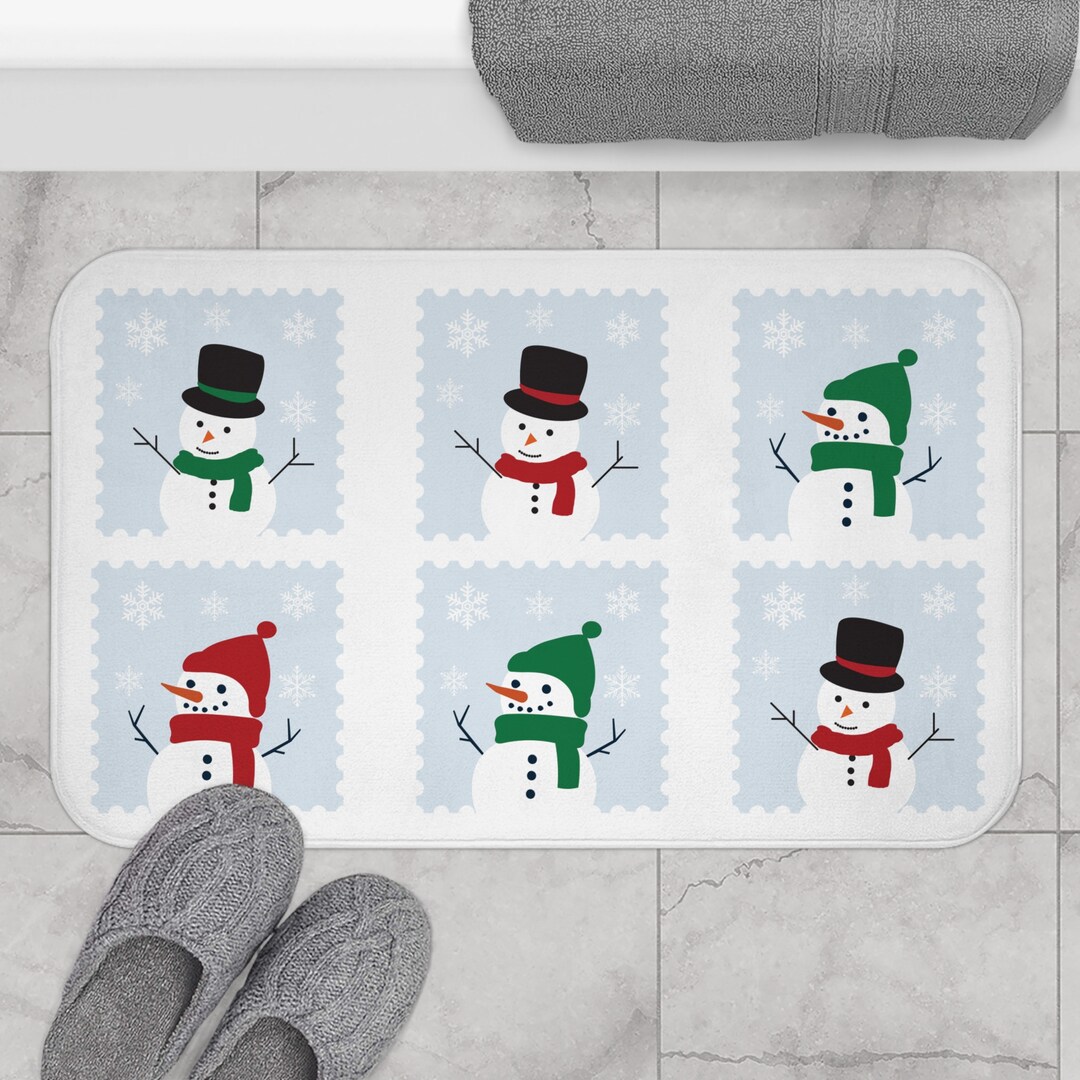 White Snowmen Bathmat, Cozy Snowman Bathmat, Christmas Snowmen Bath Rug ...