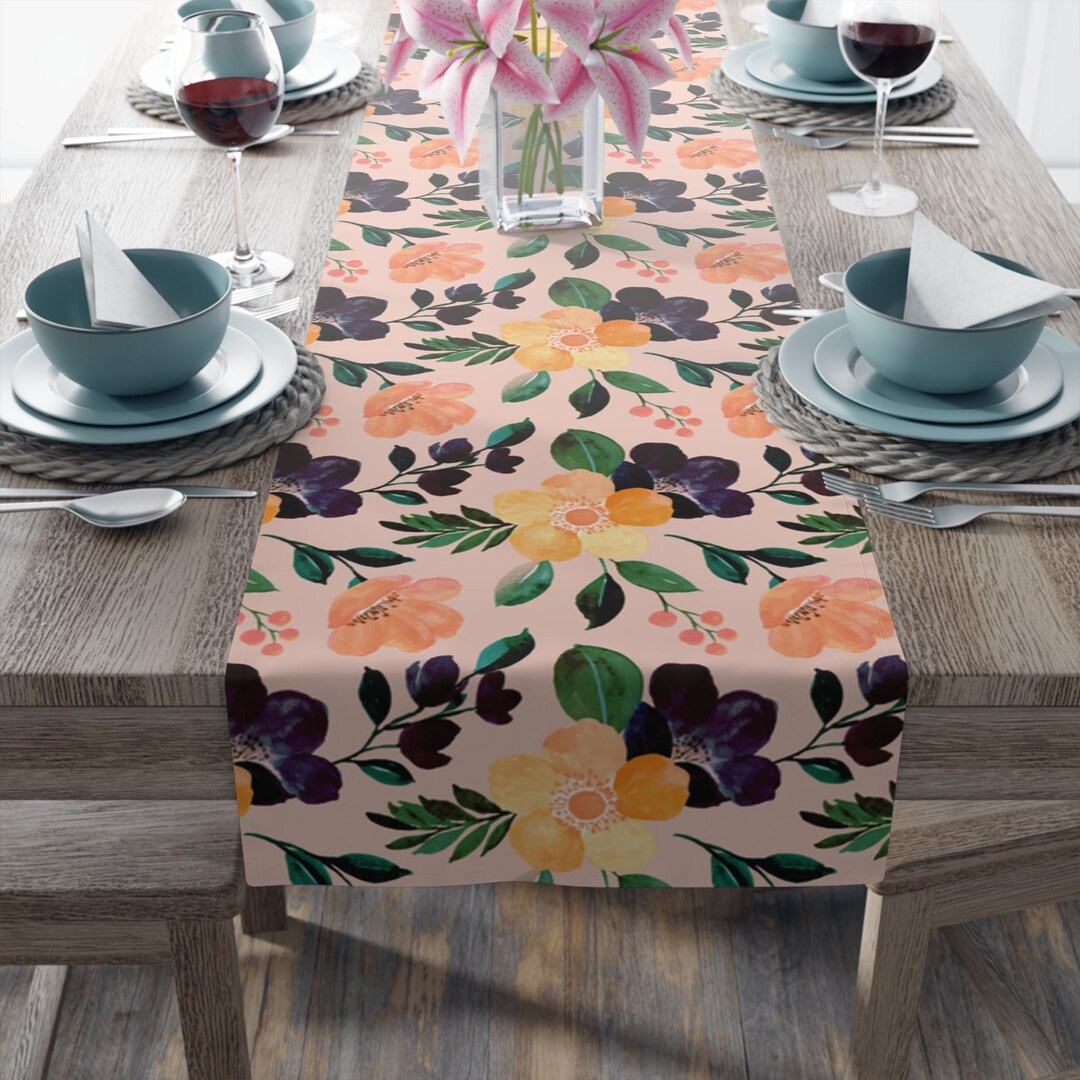 Peach Polyester Table Runner With Flower Pattern, Shades of Yellow ...