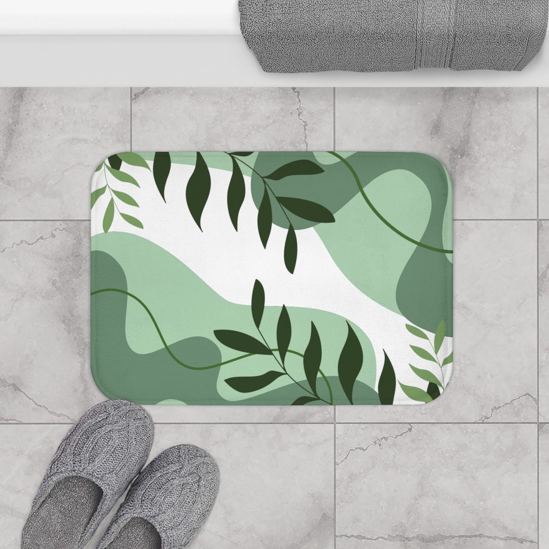Green Abstract Leaf Design Memory Foam Bath Mat, 100% Microfiber Non ...