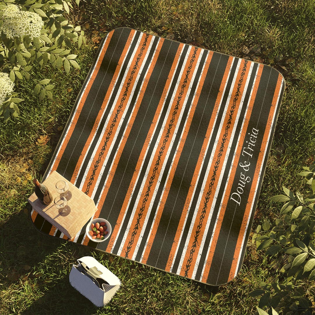 Personalized Water-resistant Picnic Blanket With Orange & Black Stripes ...