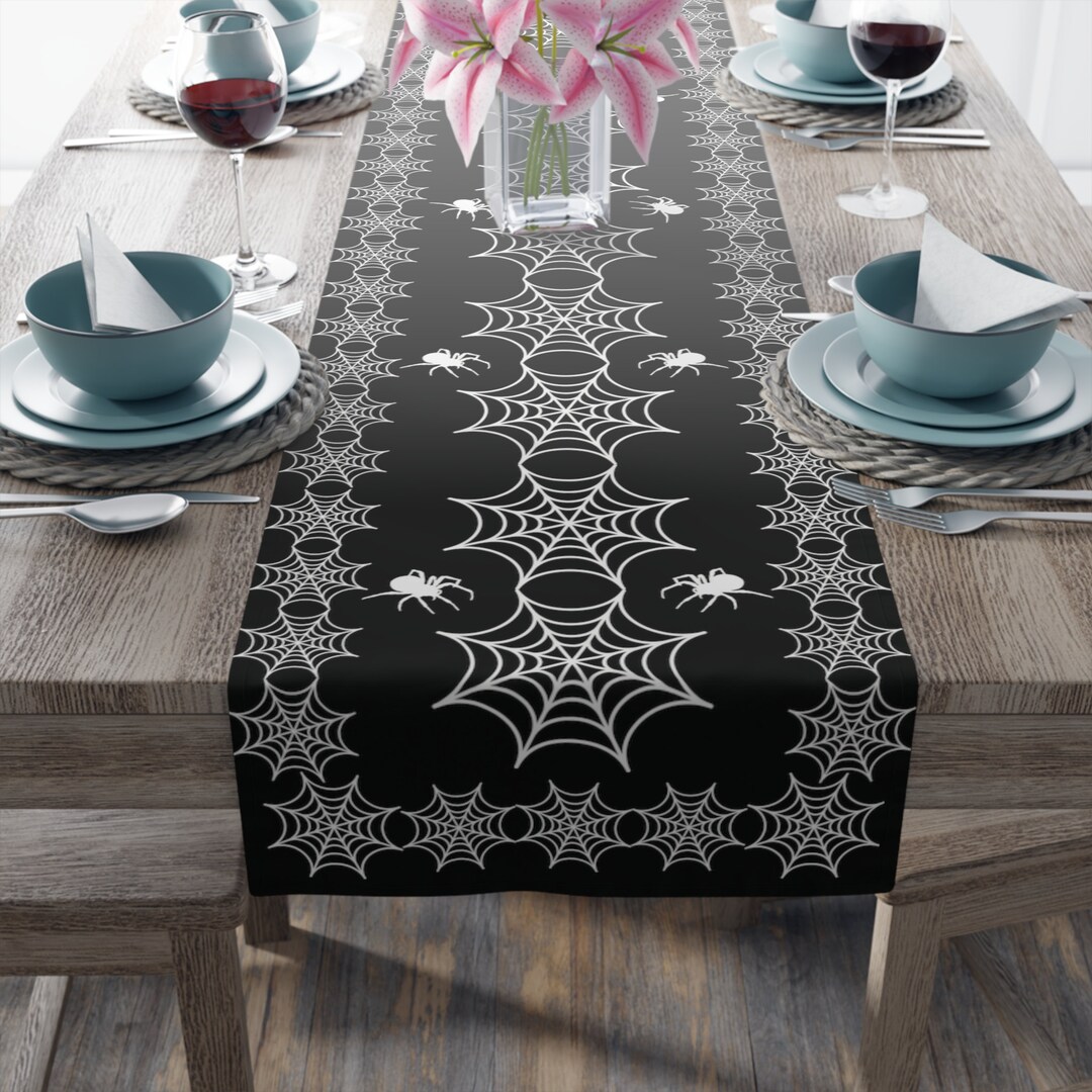 Halloween Table Runner, Black With White Spider Webs and Spiders Table ...