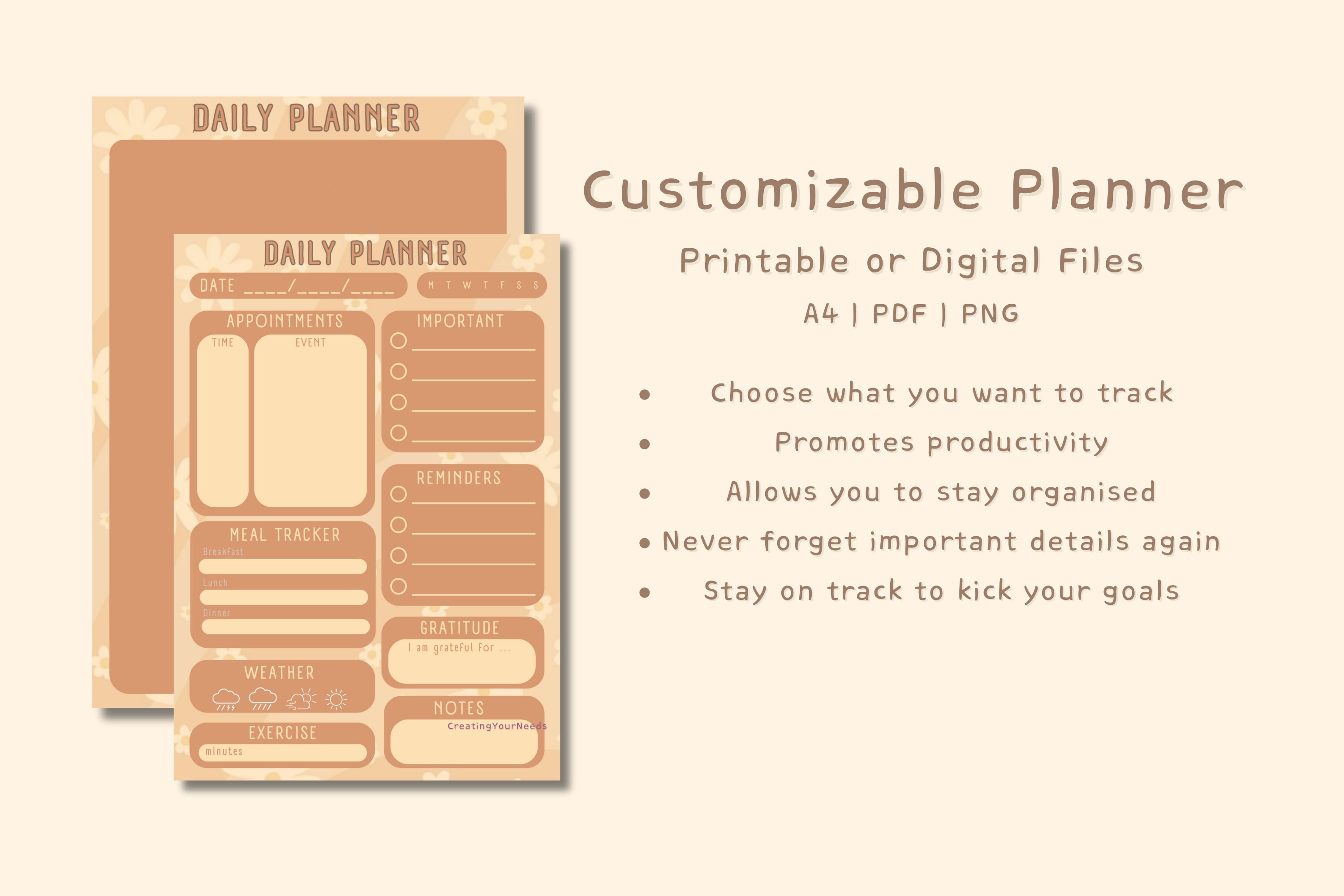 Brown Floral Daily Planner Printable Planner Digital Planner Cute ...