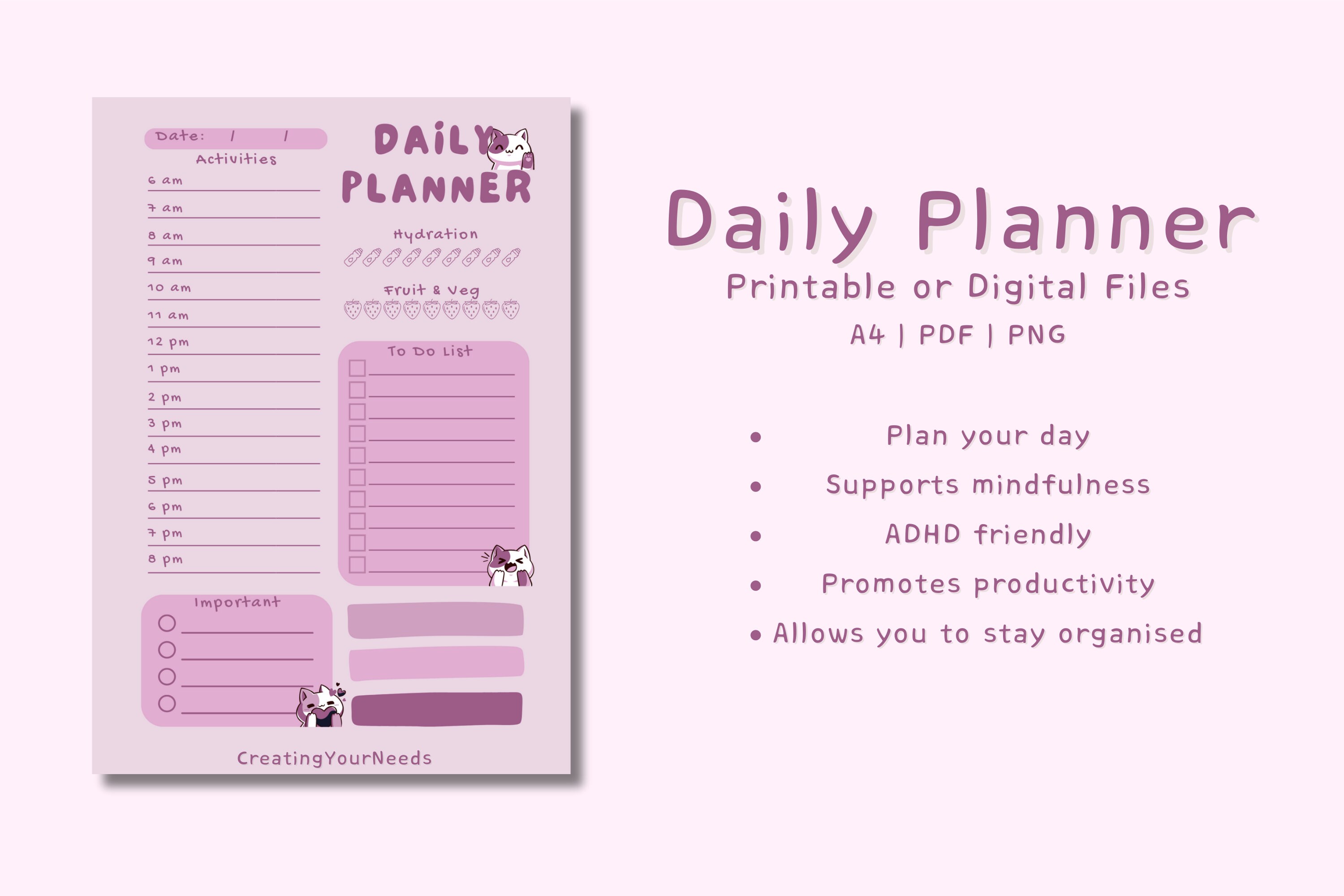 Cat Planners Printable Planner Digital Planner Purple Diary Organiser ...