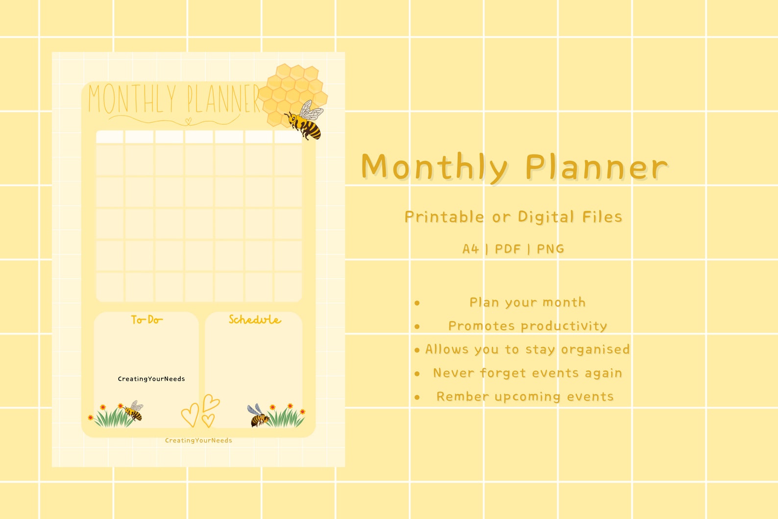 Bumble Bee Planners Printable Planner Digital Planner Yellow Diary ...