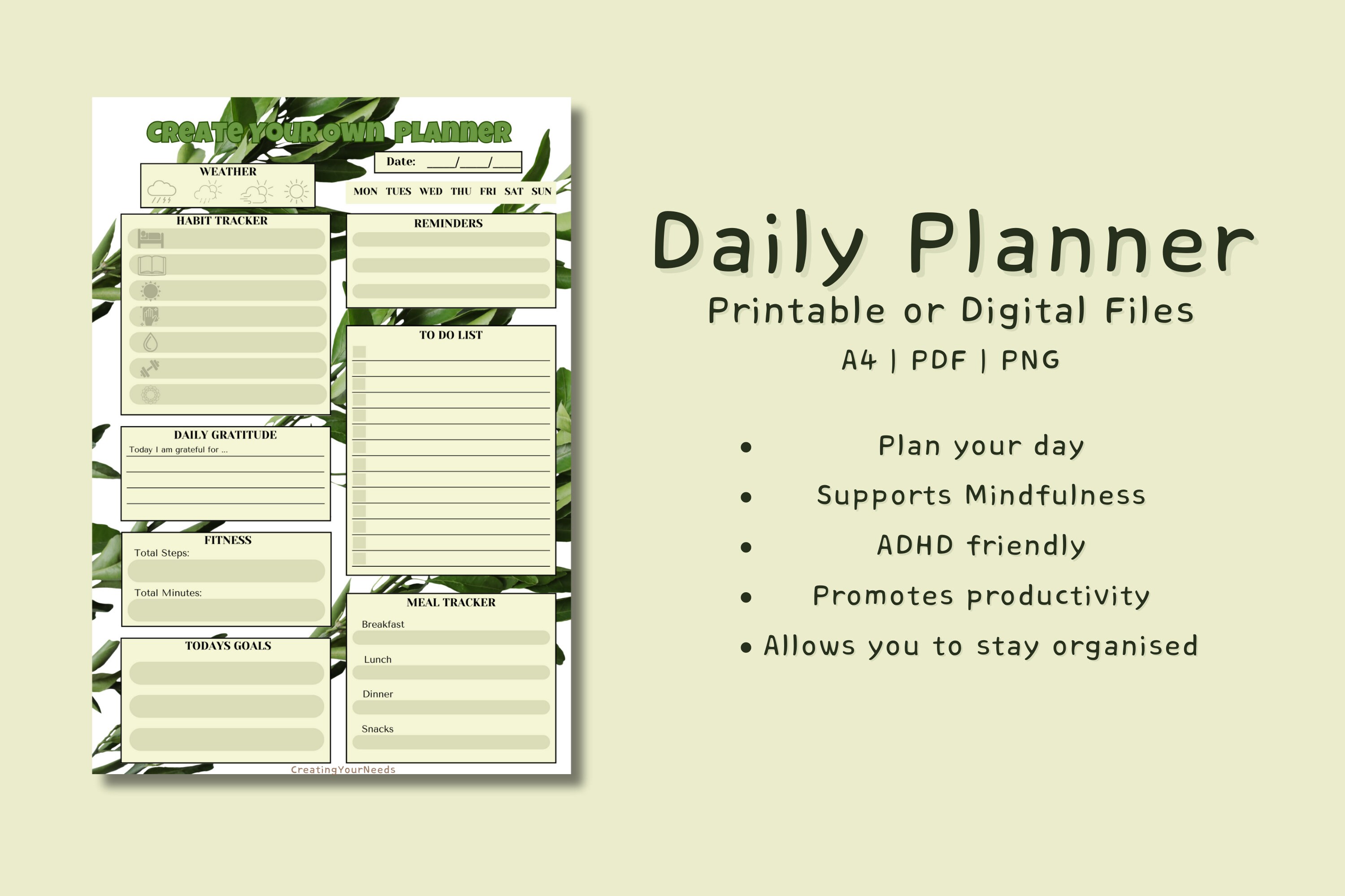 Lemon Leaf Daily Planner Printable Planner Digital Planner Cute Green ...