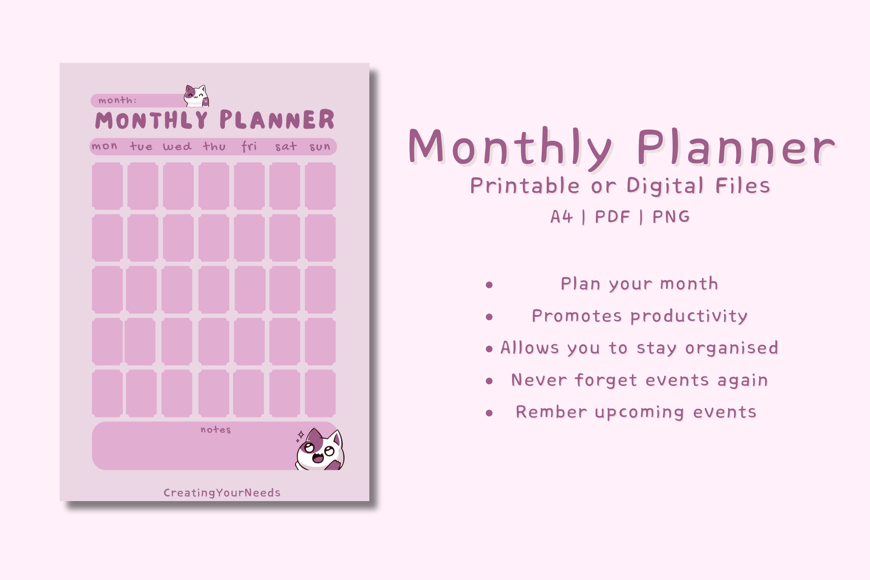 Cat Planners Printable Planner Digital Planner Purple Diary Organiser ...