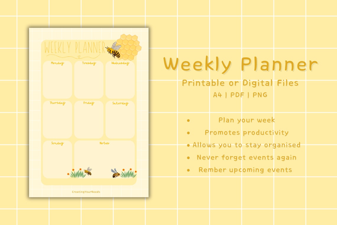 Bumble Bee Planners Printable Planner Digital Planner Yellow Diary ...