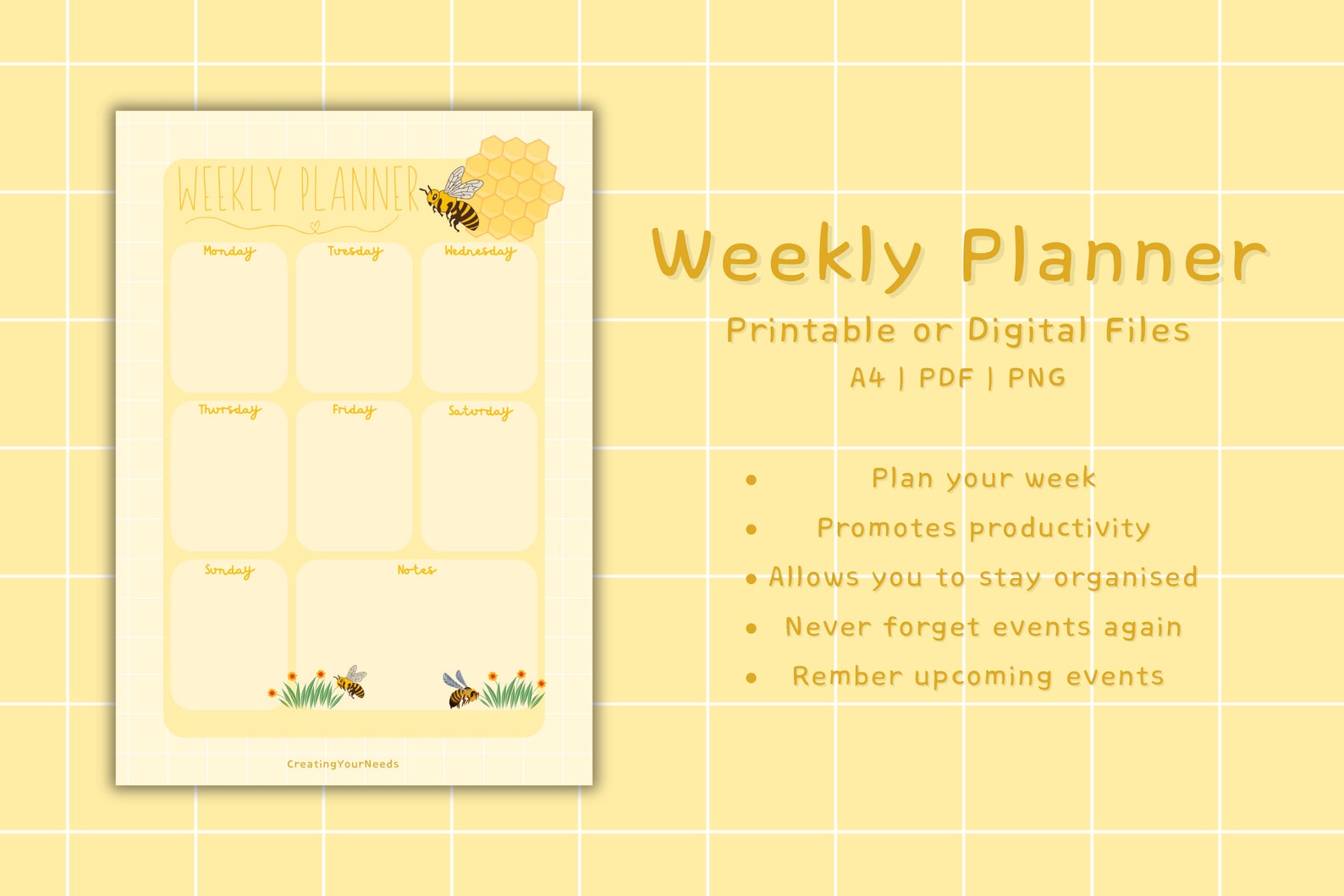 Bumble Bee Planners Printable Planner Digital Planner Yellow Diary ...