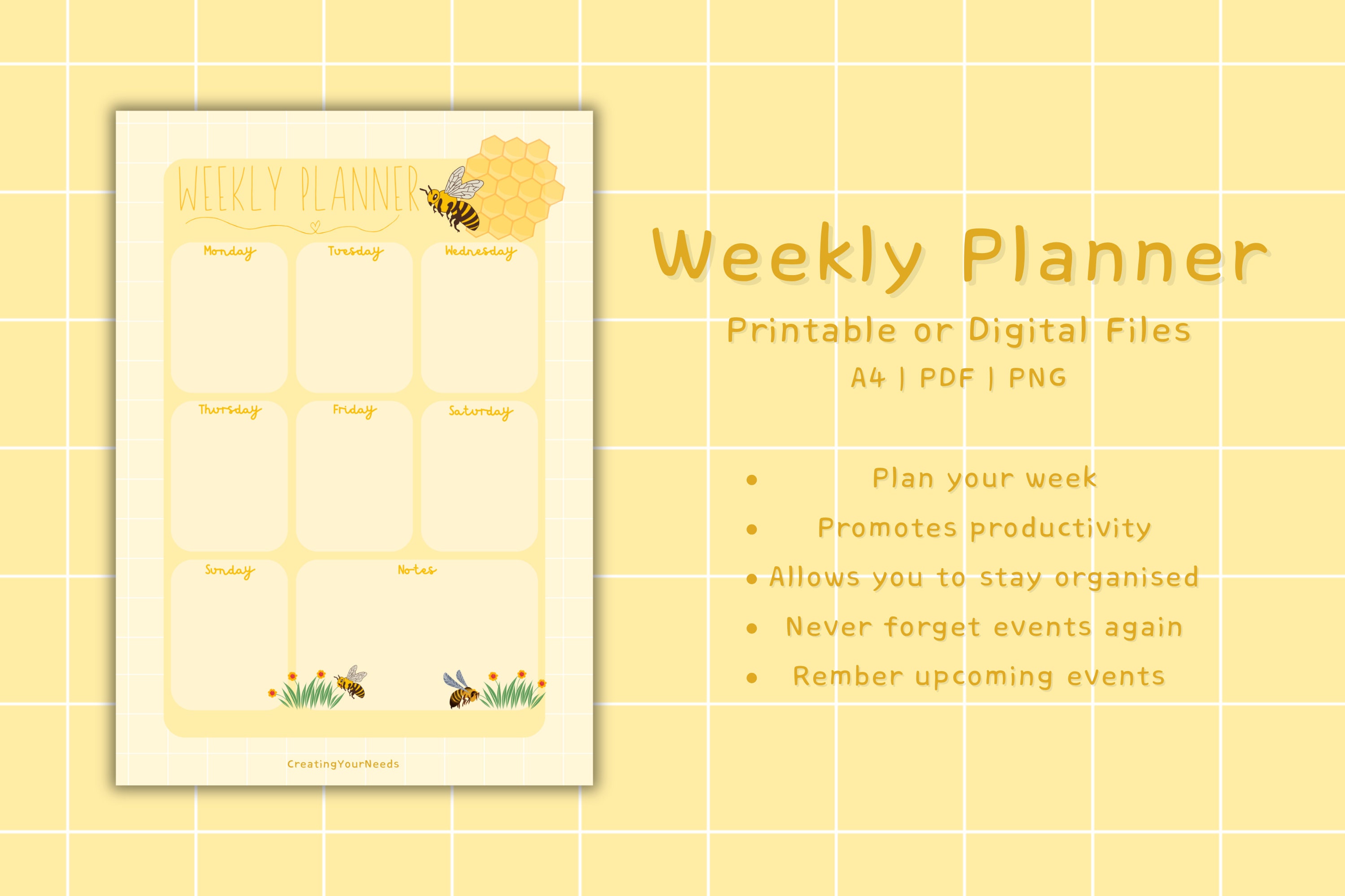 Bumble Bee Planners Printable Planner Digital Planner Yellow Diary ...